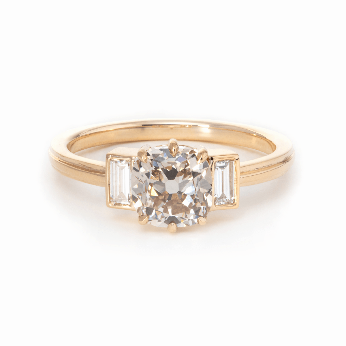 14K Yellow Gold 1.78ct Old Mine Cut Diamond & Baguette Three-stone Eng ...